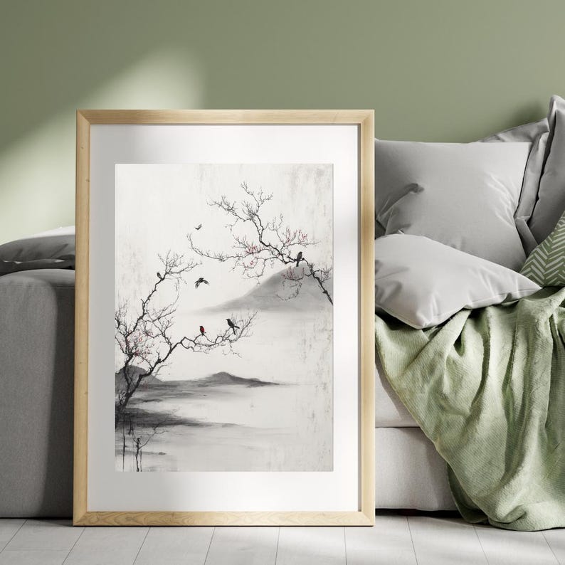 Japanese Ink Bird Print, Minimalist Sumi-e Landscape Poster, Zen Nature ...