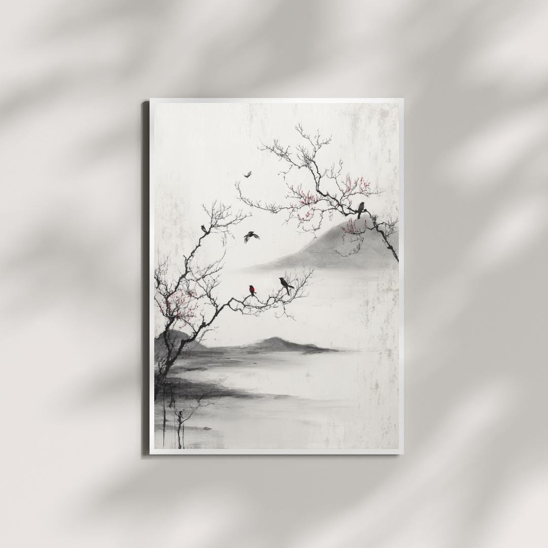 Japanese Ink Bird Print, Minimalist Sumi-e Landscape Poster, Zen Nature ...