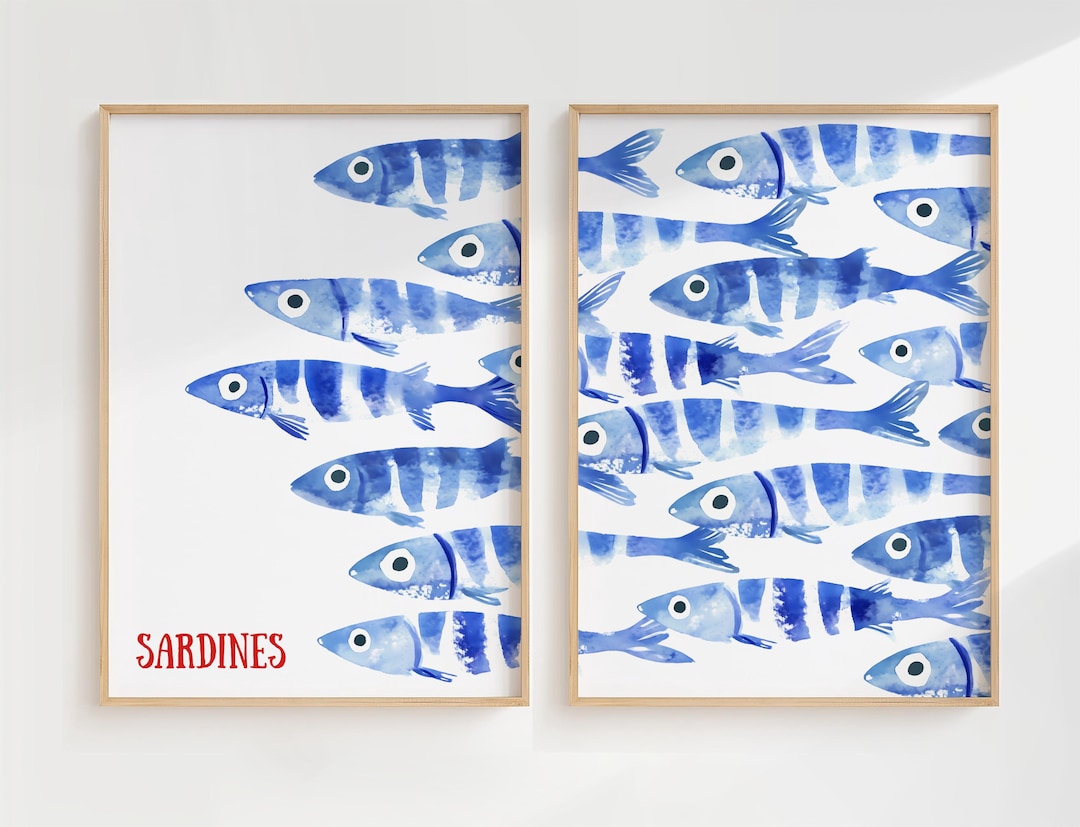 Sardines Poster Duo - Blue Watercolor Fish Print - Beach House Nautical ...