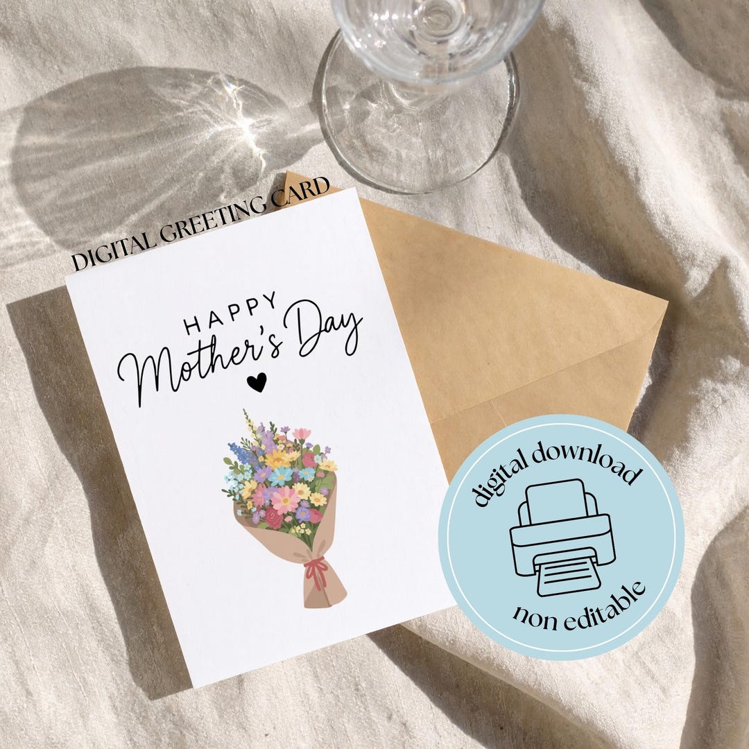Floral Mother’s Day Printable Card, Elegant Bouquet Greeting, Instant ...