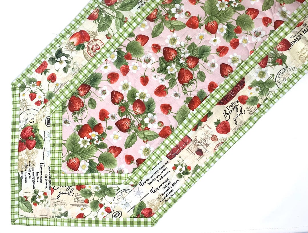 Strawberry Table Runner Quilt, Spring Quilt, Red, Green, Pink, Strawberries, Market, Handmade ...
