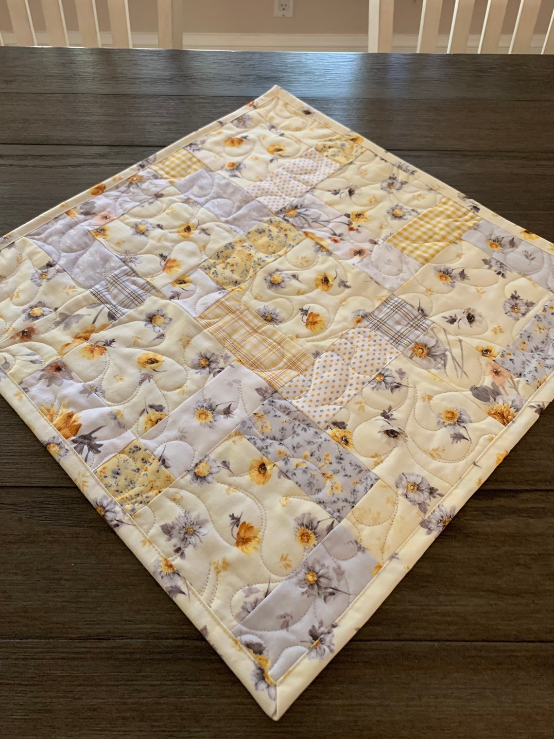 Floral Table Topper Quilt Yellow Gray Flowers Handmade - Etsy