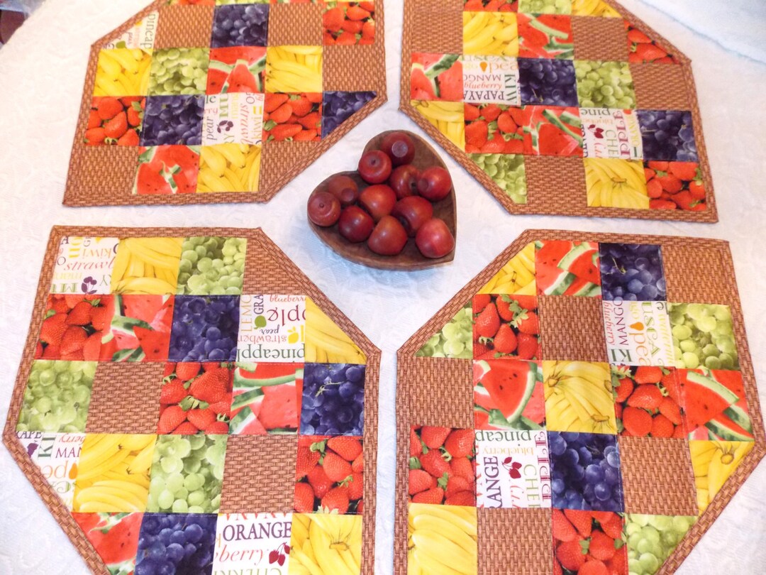 Placemats, Quilted, Set of 4, Red, Yellow, Blue, Tan, Brown, Basket ...