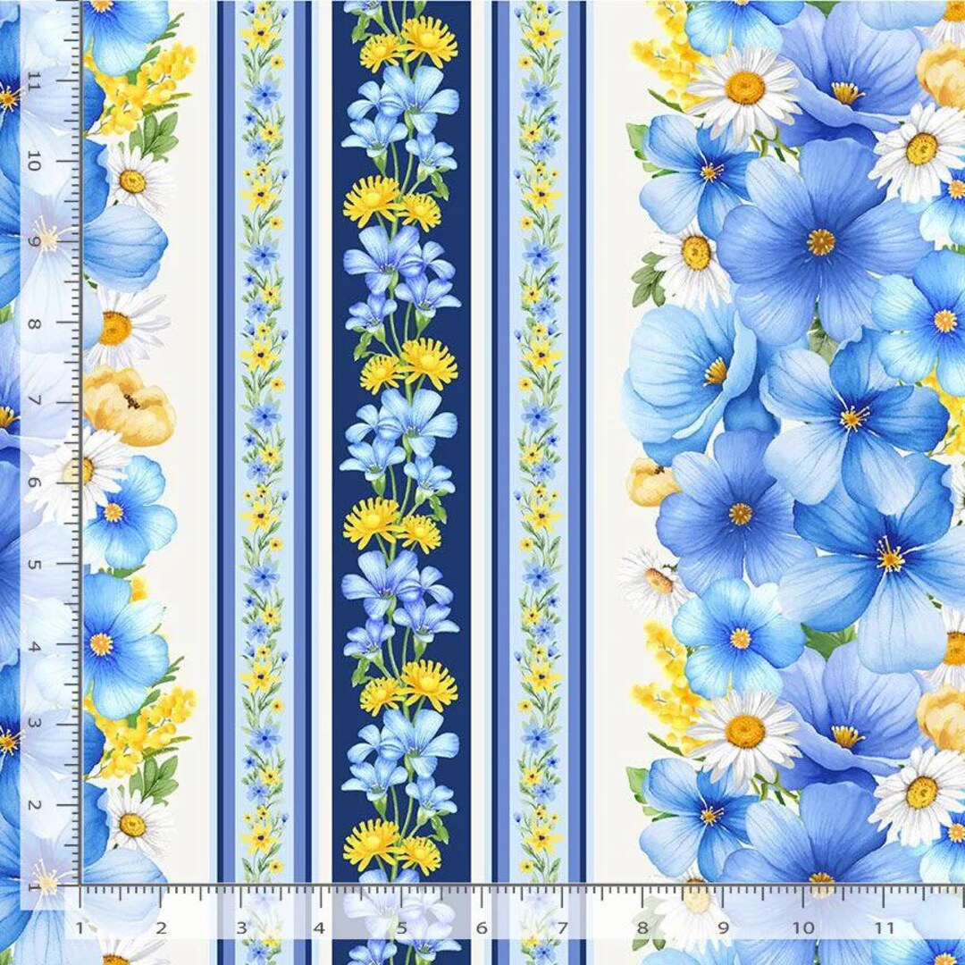Floral Stripe Border Fabric: Fleur, Floral Blue Stripes - Timeless ...