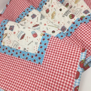 Summer Picnic Table Runner Quilt, Red, Blue, Lady Bugs, Strawberries ...