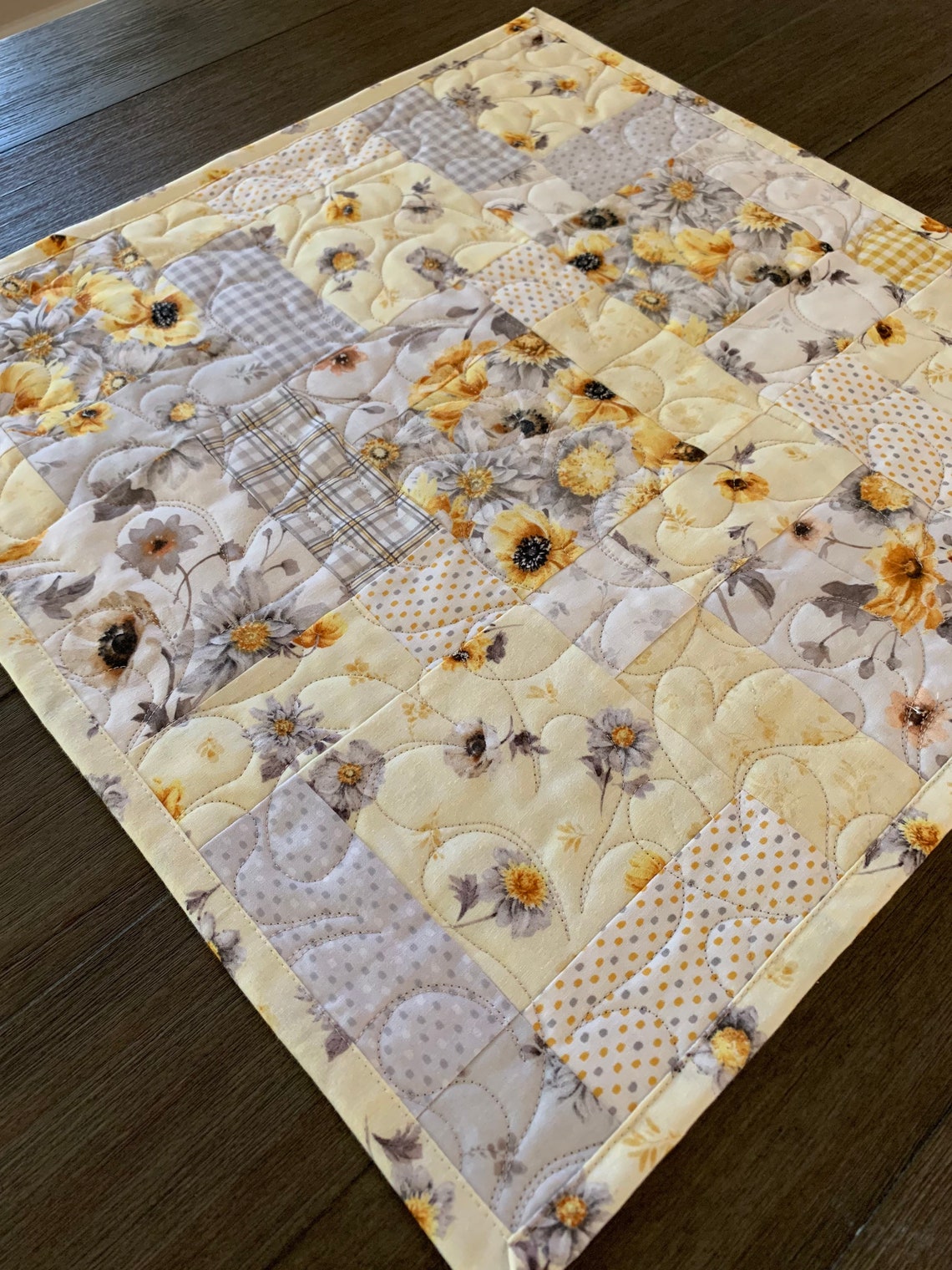 Floral Table Topper Quilt Yellow Gray Flowers Handmade - Etsy
