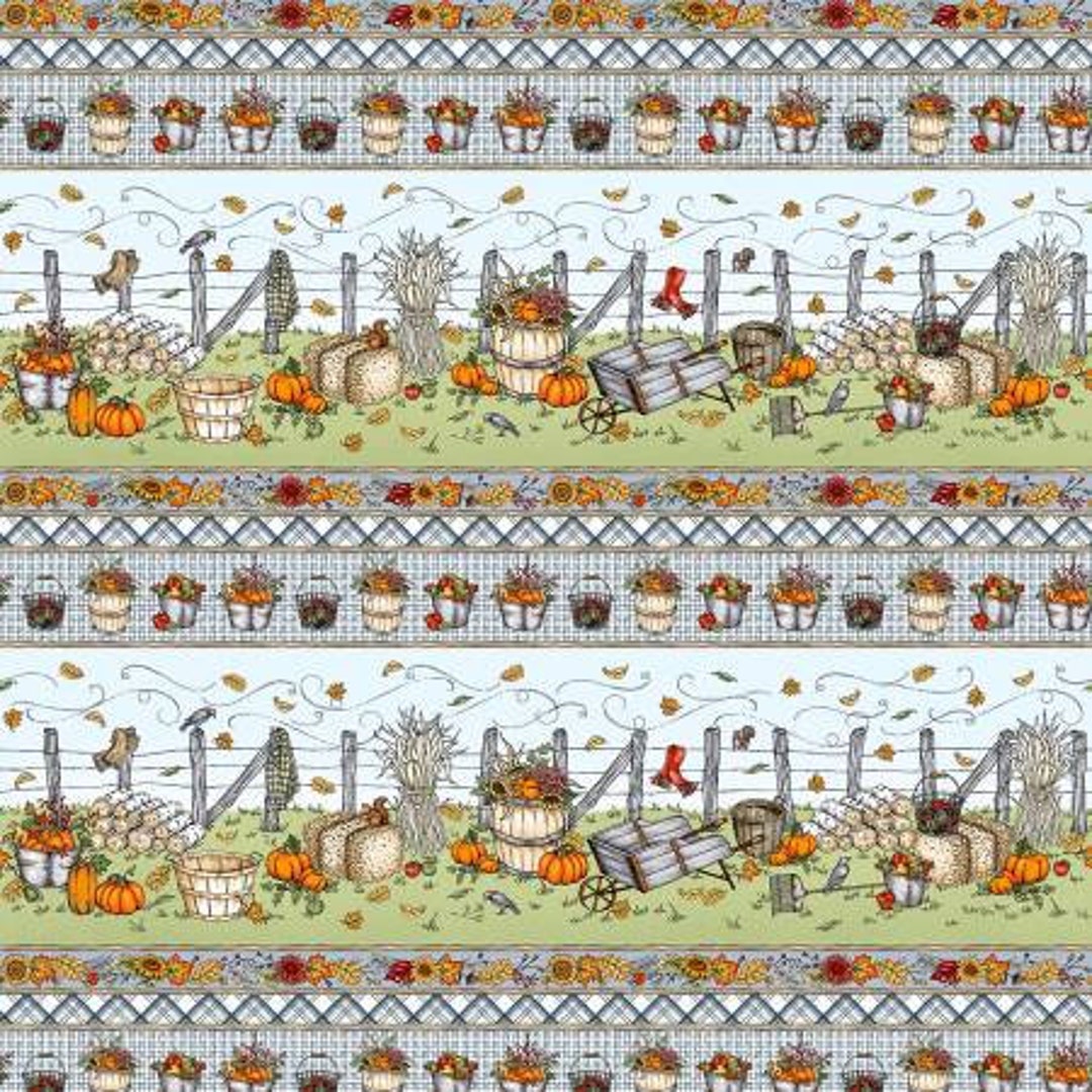 Fall Border Stripe Fabric Yardage: Blue Autumn Scene by Maywood Studio ...