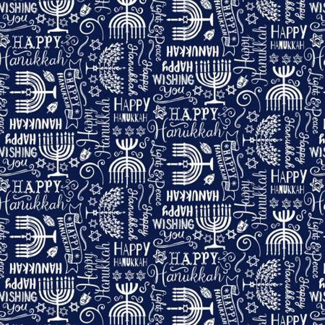Hanukkah Fabric Yardage, Navy Blue, White, Jewish Star, Happy Hanukkah ...