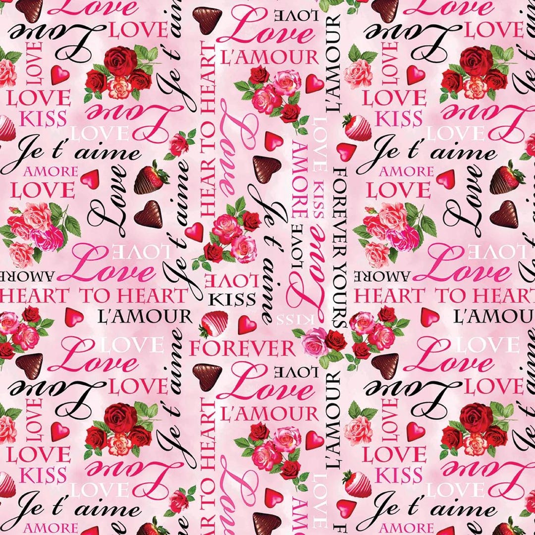 Romantic Love Words Pink Yardage, Strawberries, Chocolate, Benartex - Etsy