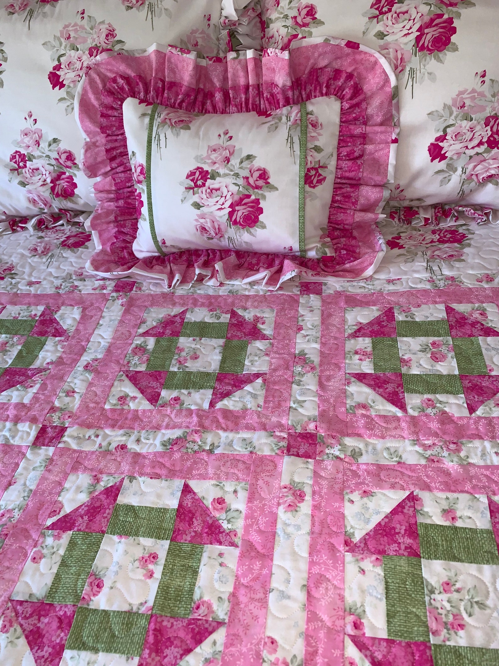 Queen Quilt Shabby Chic Rose Pillow Sham Set Pink | Etsy