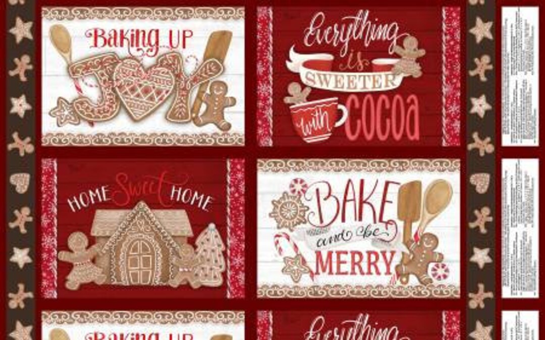 Christmas Gingerbread Placemats Fabric Panel, Baking up Joy, Red, Tan ...