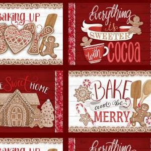 Christmas Gingerbread Placemats Fabric Panel, Baking up Joy, Red, Tan ...