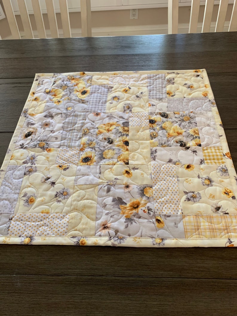 Floral Table Topper Quilt Yellow Gray Flowers Handmade - Etsy