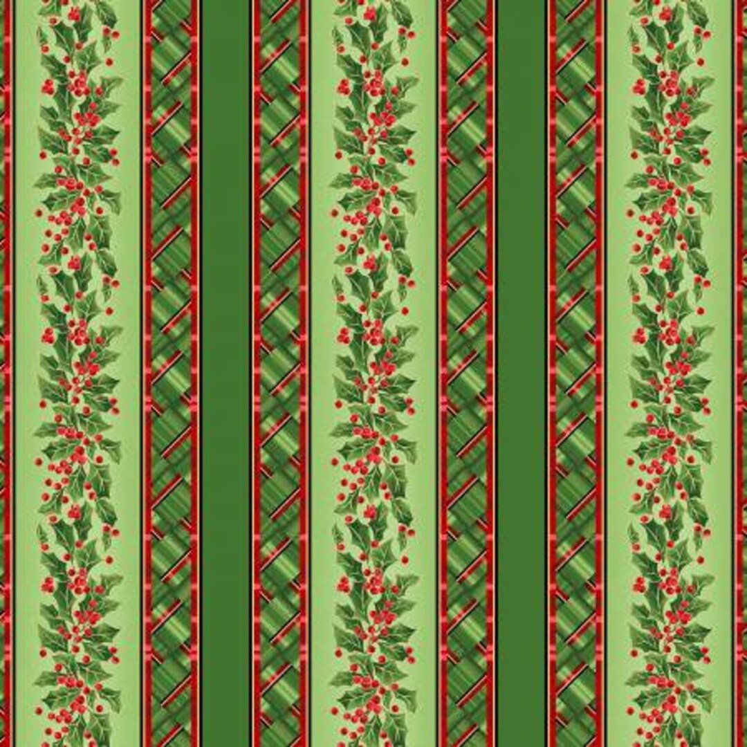 Green Christmas Stripe Yardage, Evergreen Bows, Metallic Holly, Maywood ...