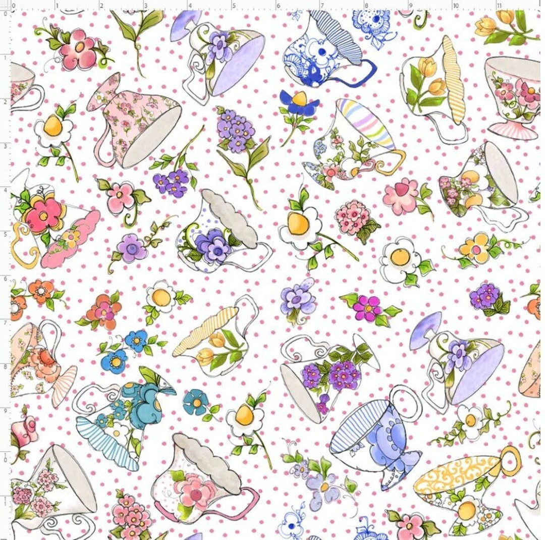 Tea Cups Toss, Flowers, Pink, Blue, Loralie Desisgns, Yardage, 692521 ...