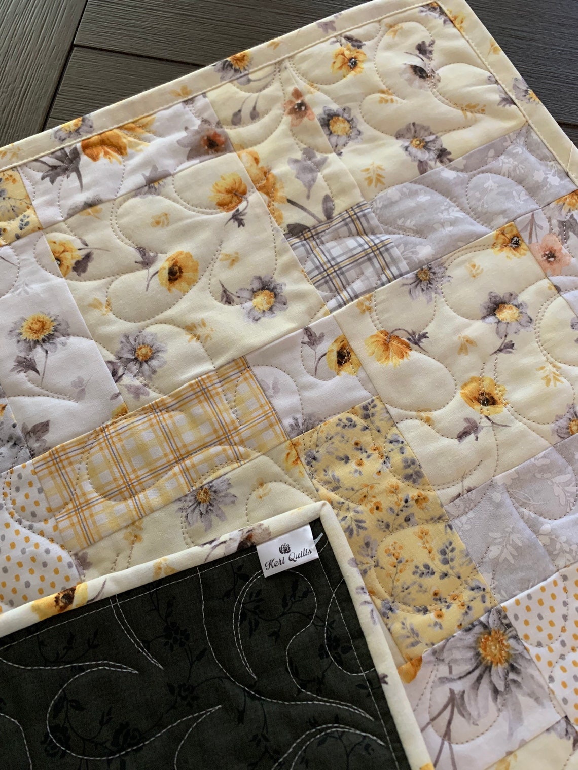 Floral Table Topper Quilt Yellow Gray Flowers Handmade - Etsy