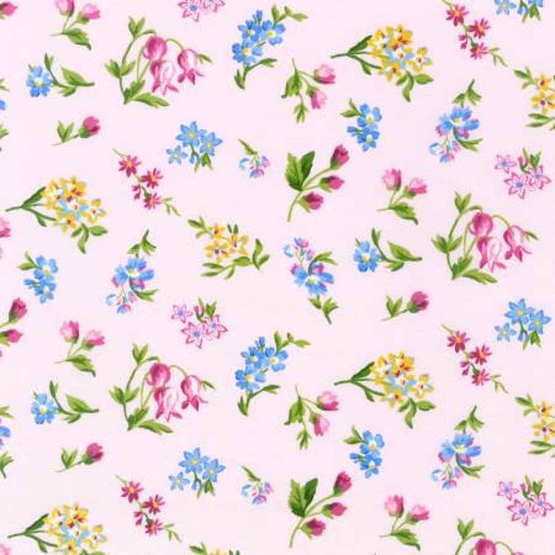 Pink Floral Yardage, Flower Sprigs, Serene, Robert Kaufman, Pink, Green ...