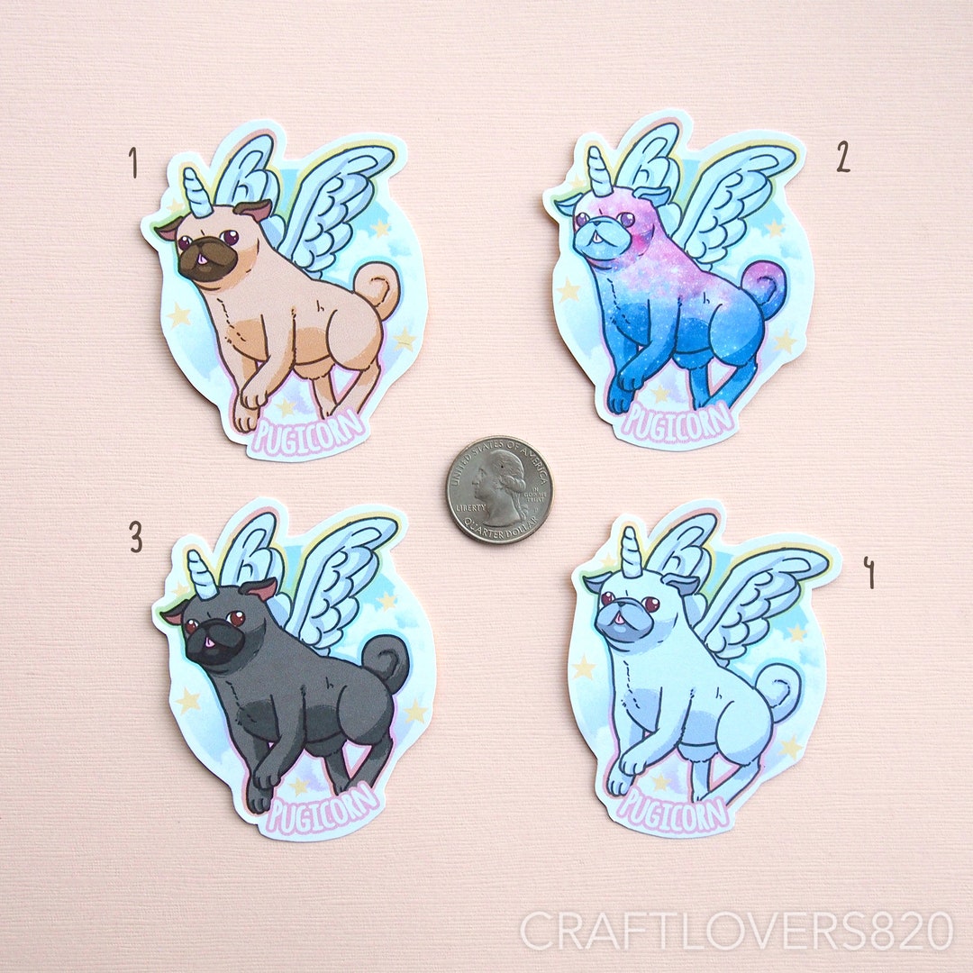 Pug Unicorn Cute Glitter Stickers | Pugicorn Pug Decals | Kawaii Pug ...