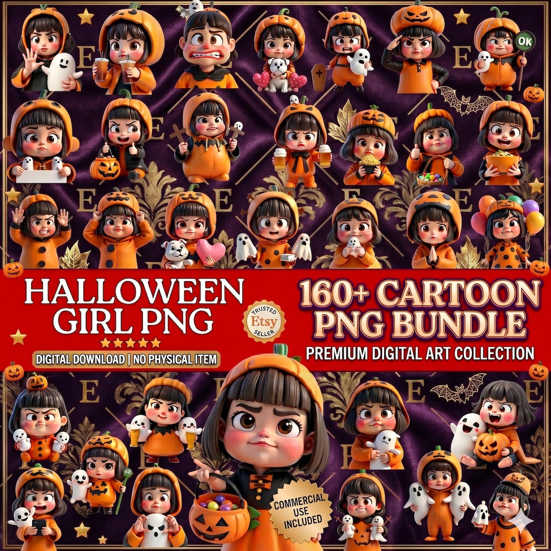Halloween Girl PNG Bundle, Cartoon Pumpkin Clipart, Spooky Designs ...