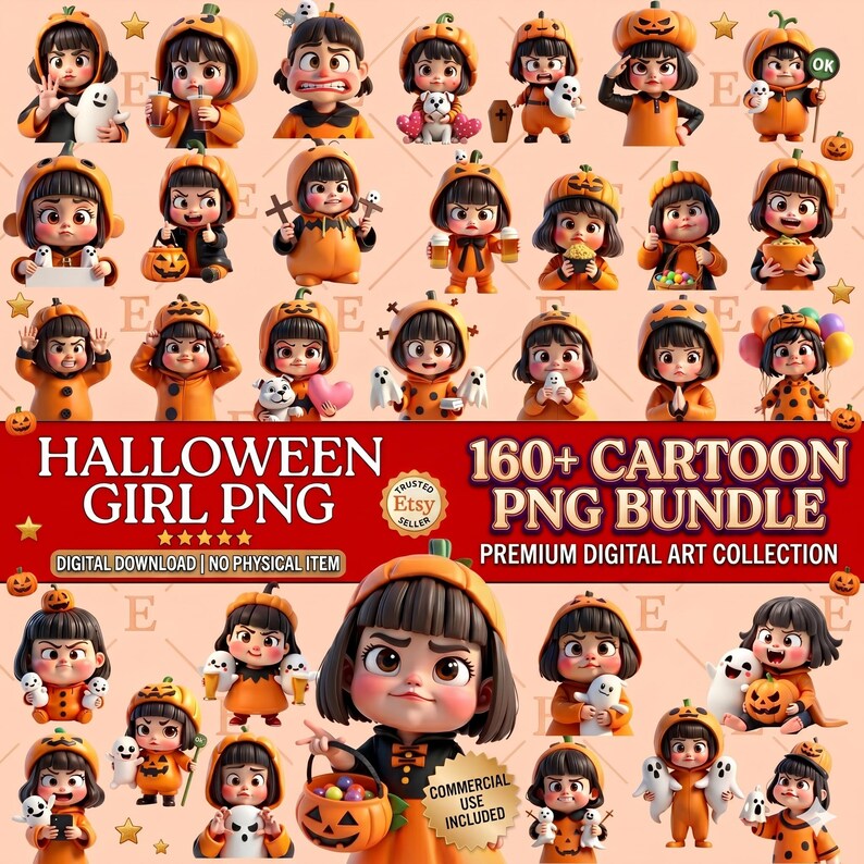 Halloween Girl PNG Bundle, Cartoon Pumpkin Clipart, Spooky Designs ...