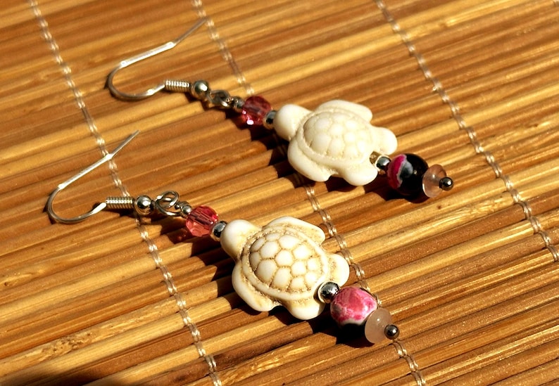White Turtle Dangle Earrings, Pink Coastal Earrings, Beach Jewelry ...