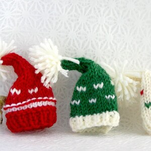 Miniature Knit Hats - 3 Elf Hats- Red, Green, Cream- Christmas Decor ...