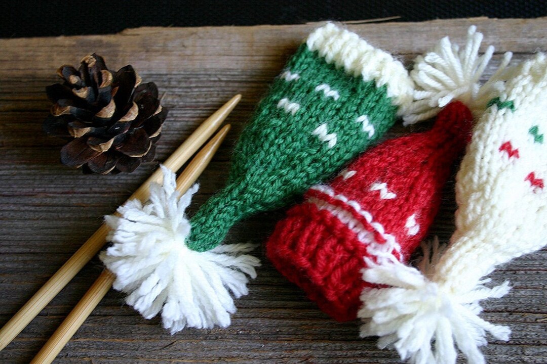 Miniature Knit Hats - 3 Elf Hats- Red, Green, Cream- Christmas Decor ...