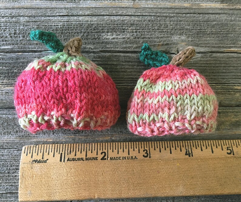 Miniature Apple Hats- 2 Knitted Caps- Doll Clothes- Red, Green, Pink ...