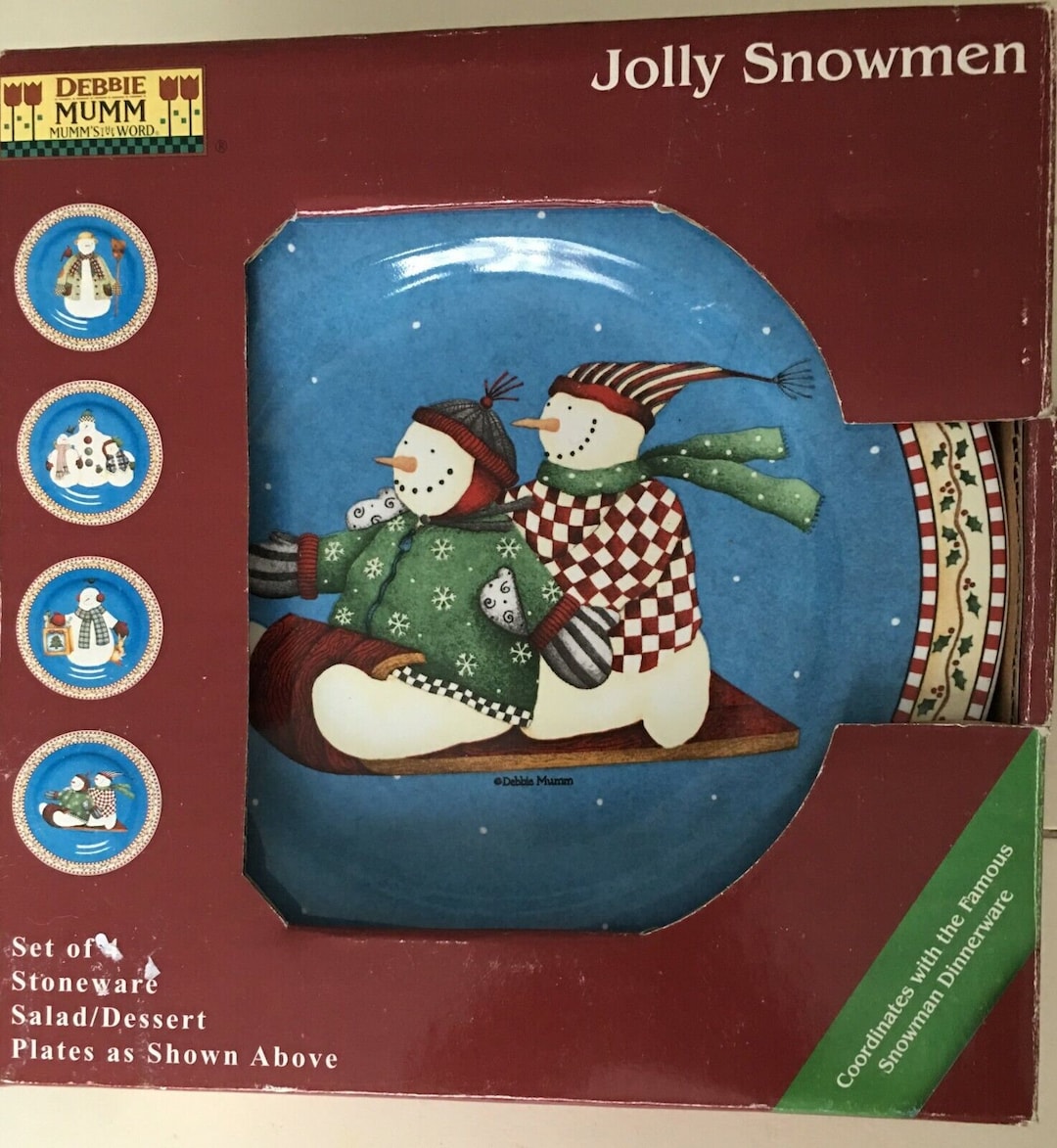 Debbie Mumm Sakura Jolly Snowmen Ceramic Salad Dessert Plates New in ...