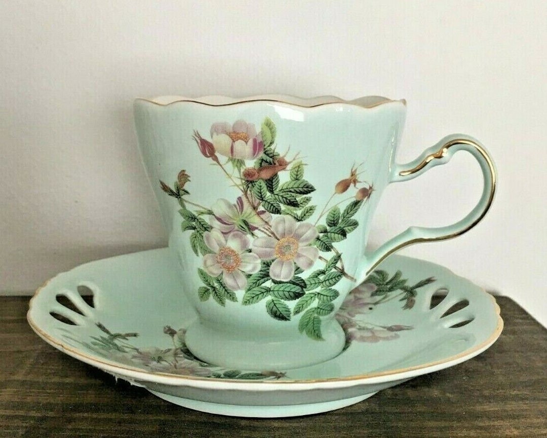 Meritage Tea Cup & Saucer Mint Green Floral W/ Gold Trim - Etsy
