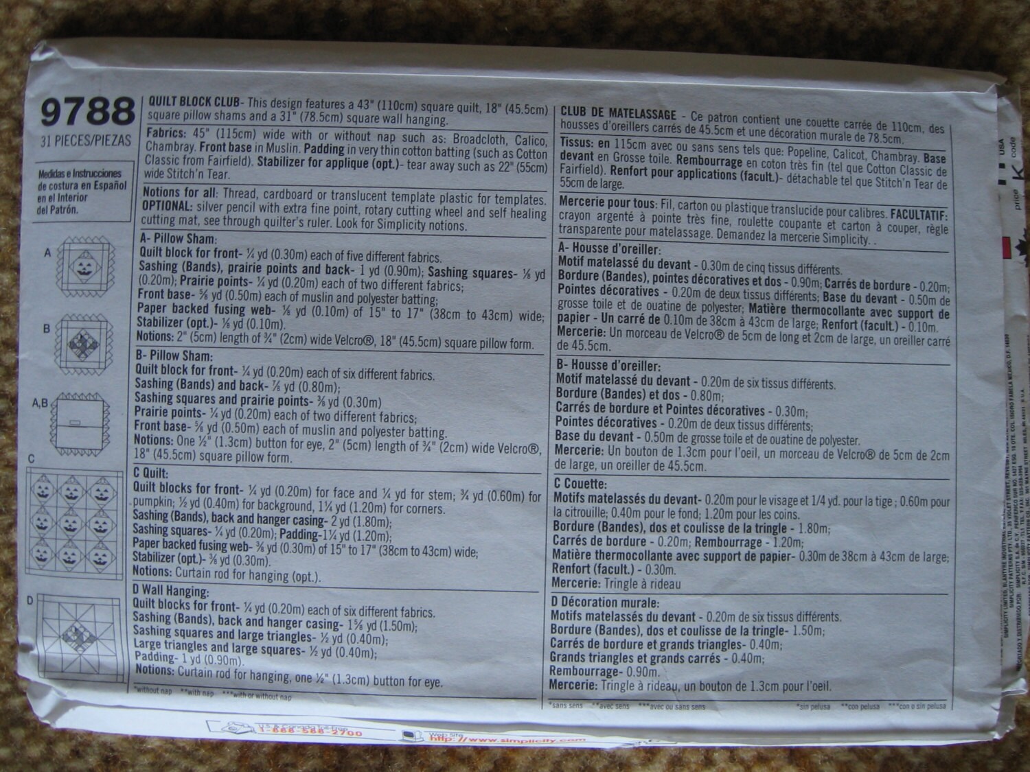 Simplicity Quilt Block Sewing Pattern 9788 Halloween and Thanksgiving ...