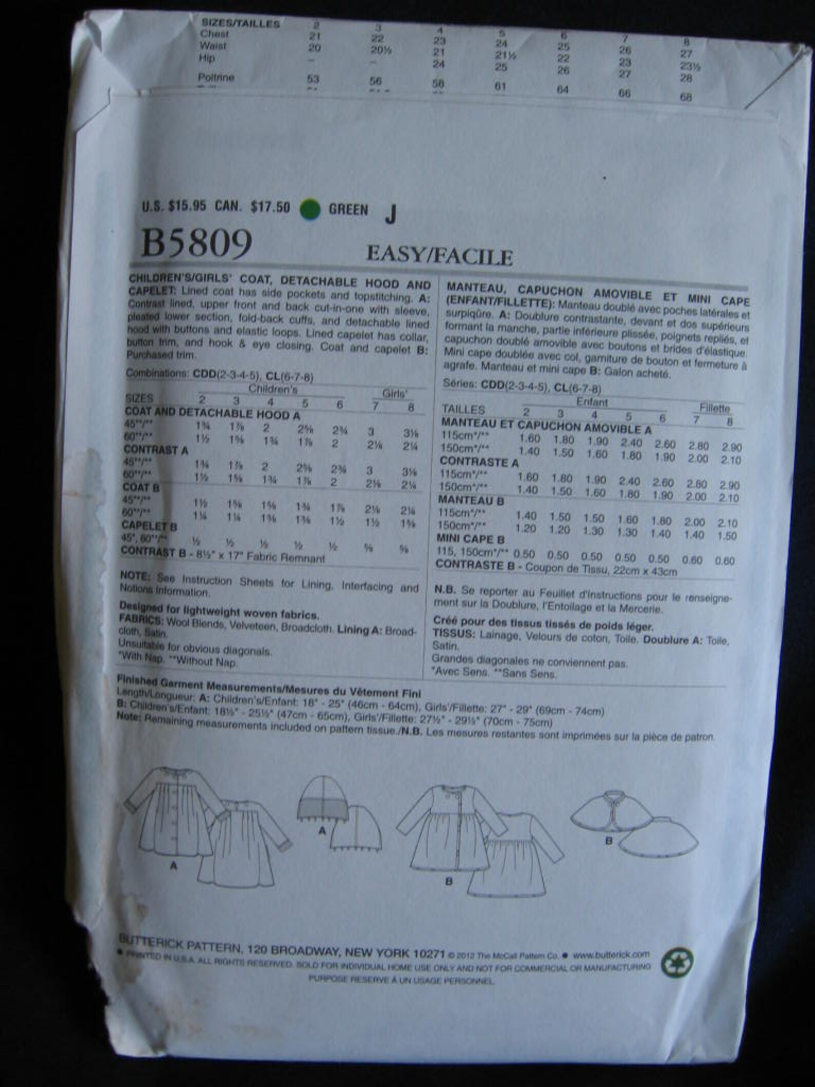 Butterick Girls Coat Capelet Hood Sewing Pattern B5809 Size 6 - Etsy