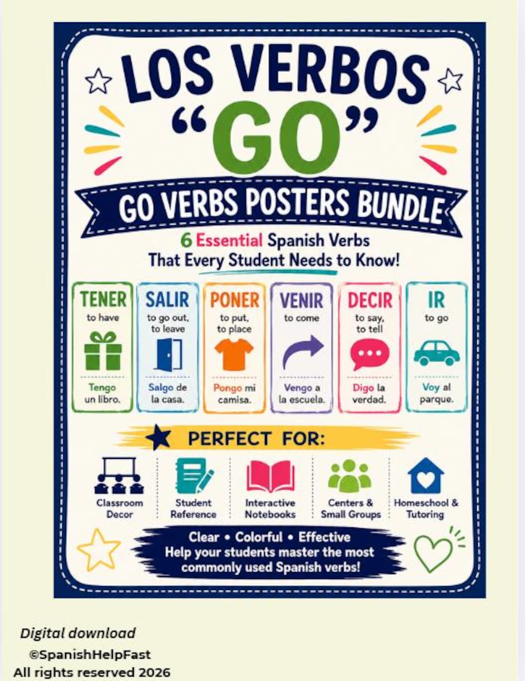 Spanish GO Verbs Posters Bundle Tener Salir Poner Venir Decir Ir ...