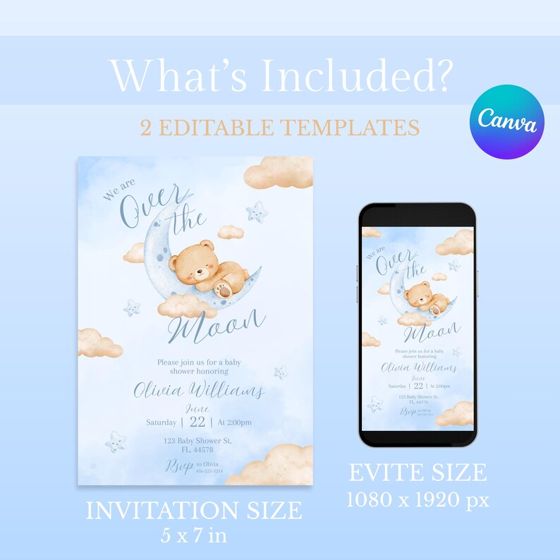 Over the Moon – Baby Shower Invitation, Teddy Bear Theme, Blue ...