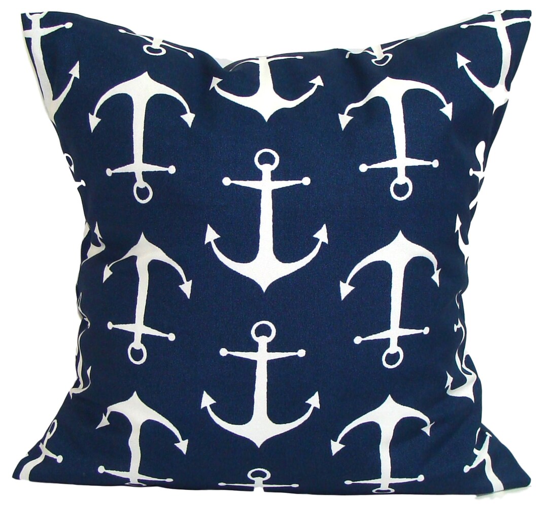 Nautical Pillows, OUTDOOR Nautical Pillow Cover, Blue Anchor Pillow ...