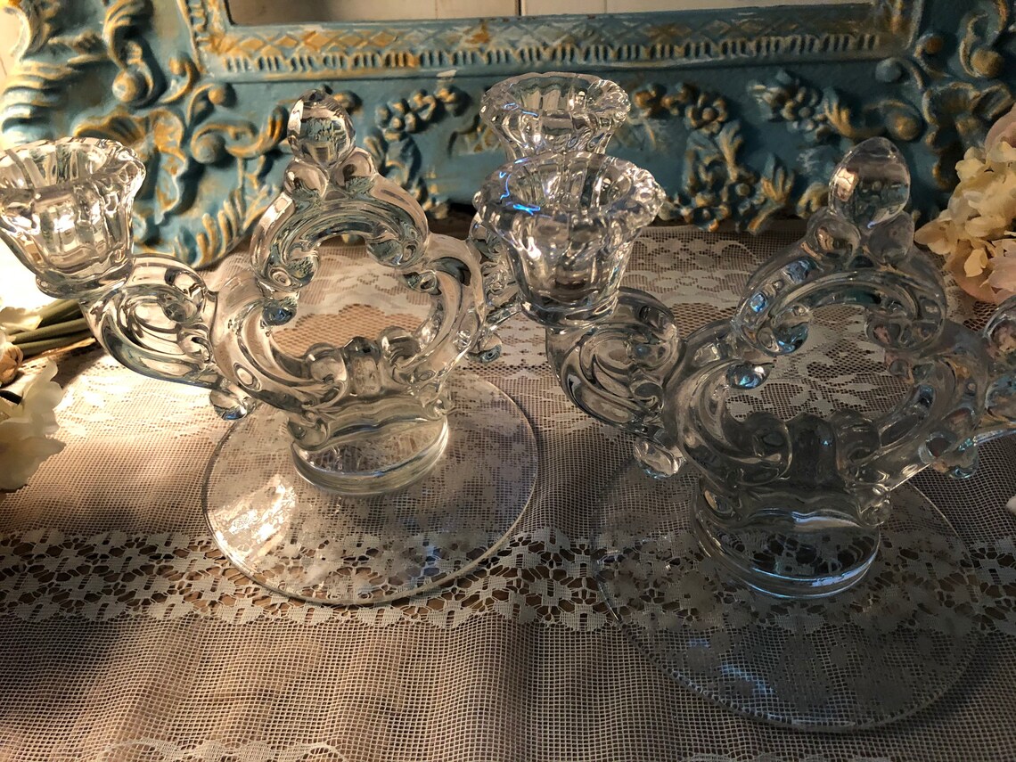Beautiful Vintage Etched Glass Double Candlesticks Set of - Etsy
