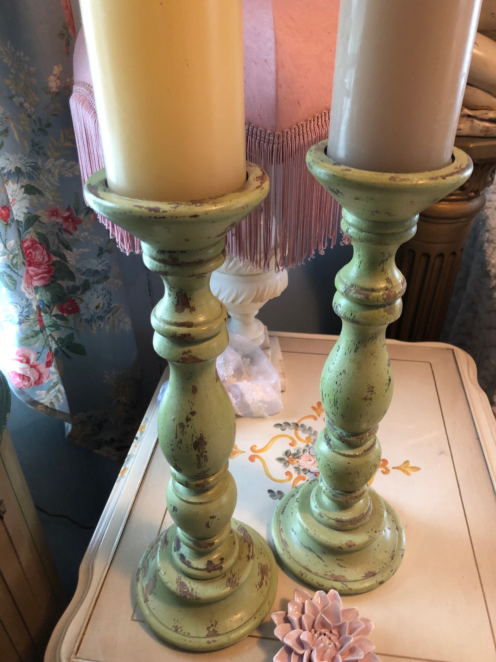 Set of Large Candlesticks Wooden Candle Holders Green - Etsy