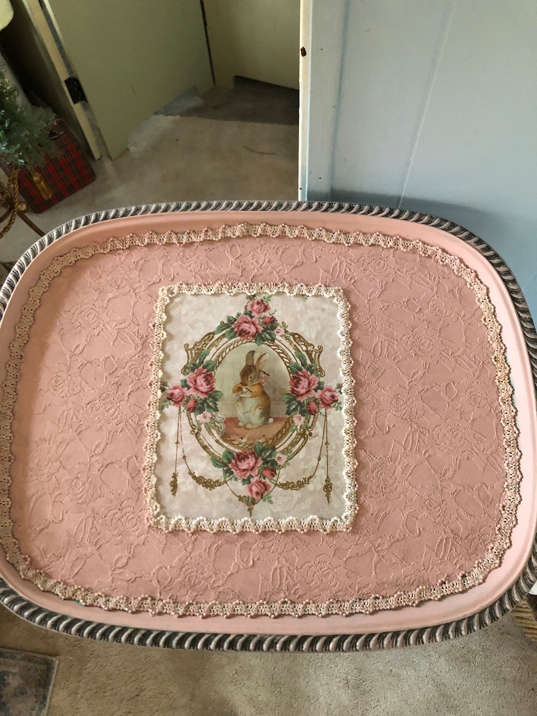 Rabbit Tray, Upcycled Silverplate Bunny Tray, Decoupage Lace, Beaded ...