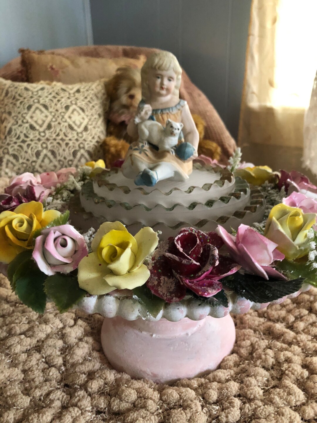Porcelain Roses and Wood Stand With 3 Glass Risers and Antique German ...