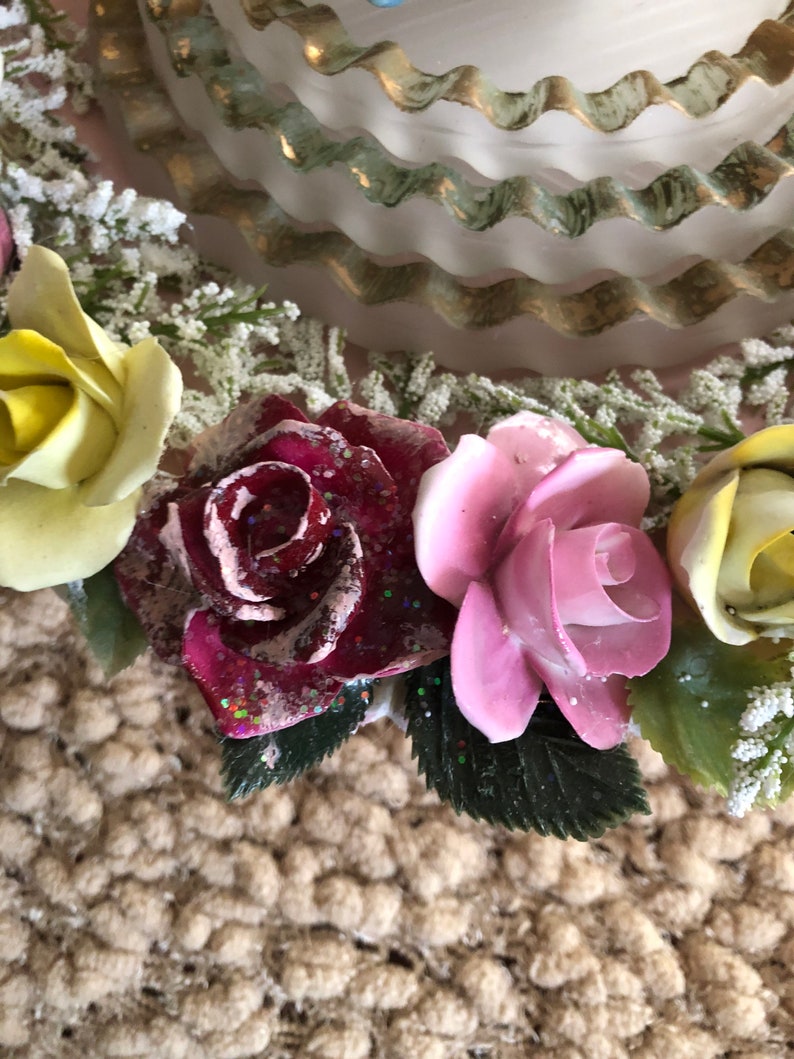 Porcelain Roses and Wood Stand With 3 Glass Risers and Antique German ...