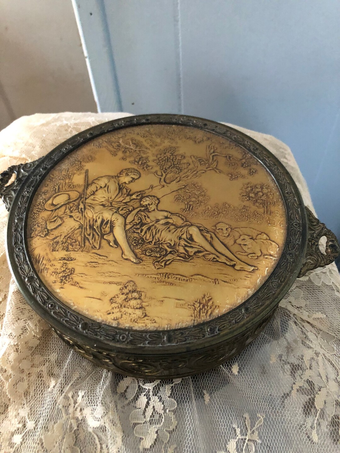 Antique RARE Trinket Box, Victorian Ormolu Trinket Box, Glass Insert ...