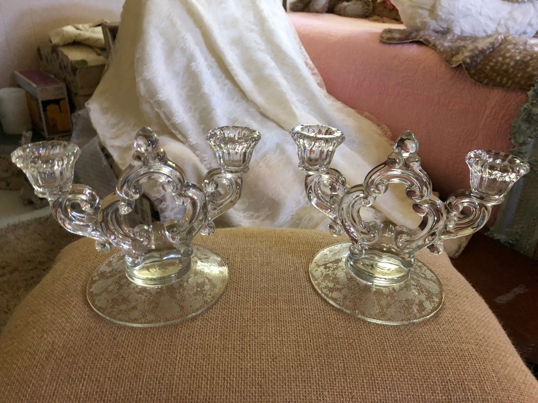 Candlesticks, Vintage Etched Glass Double Candlestick Set, Floral Base ...