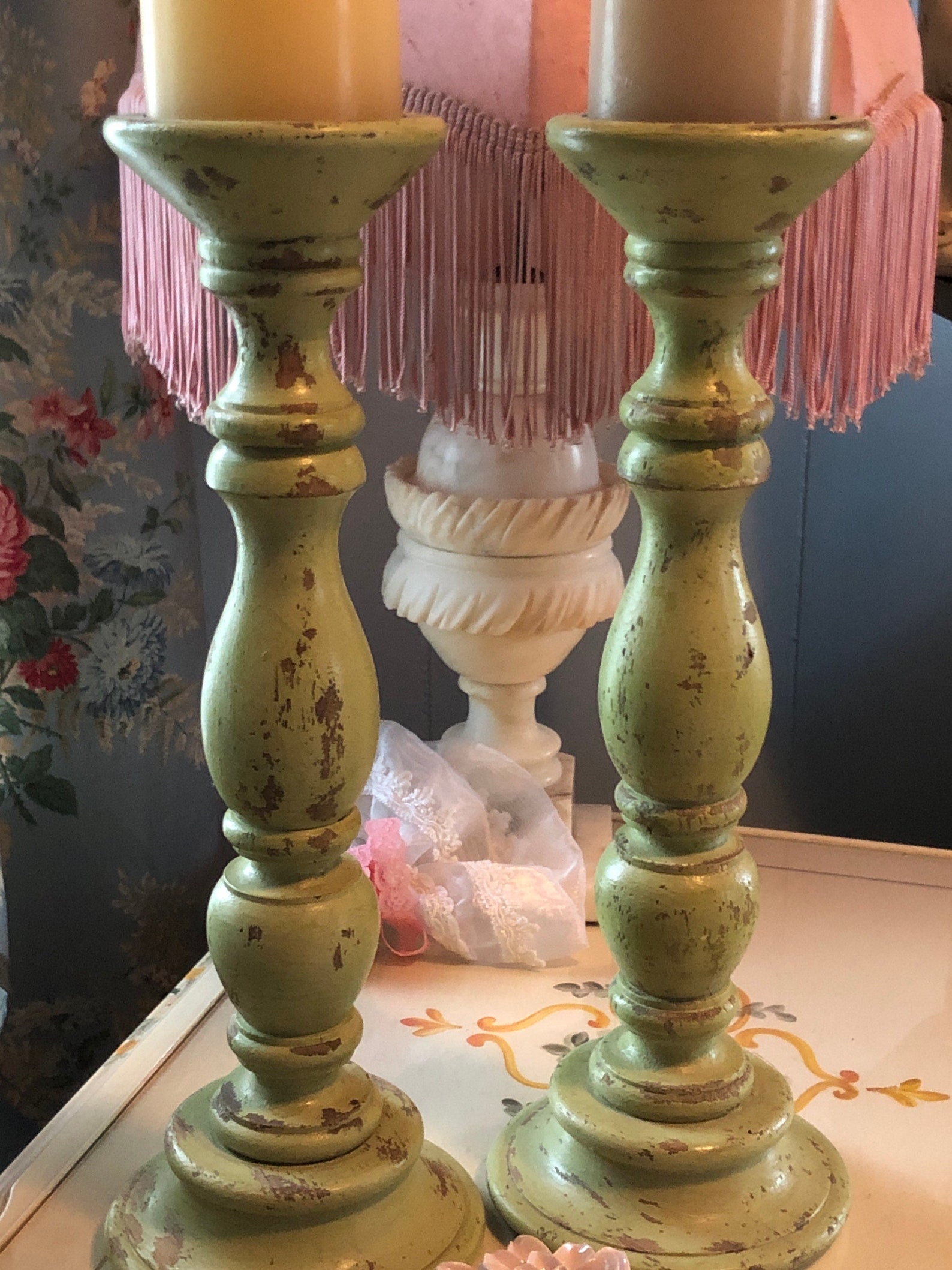 Set of Large Candlesticks Wooden Candle Holders Green - Etsy
