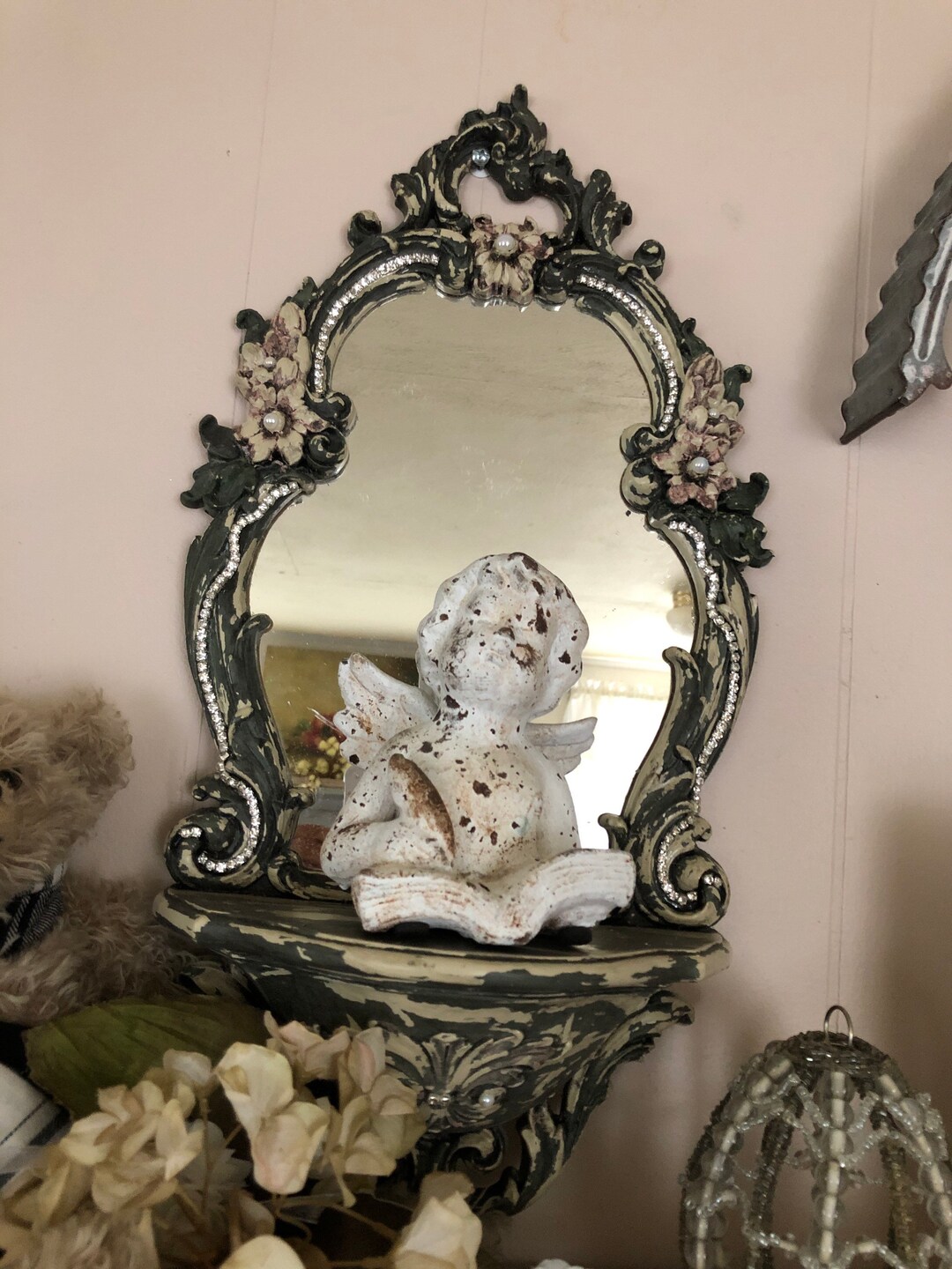Reduced......mirror Shelf, Embellished Mirror Shelf, Writing Distressed ...