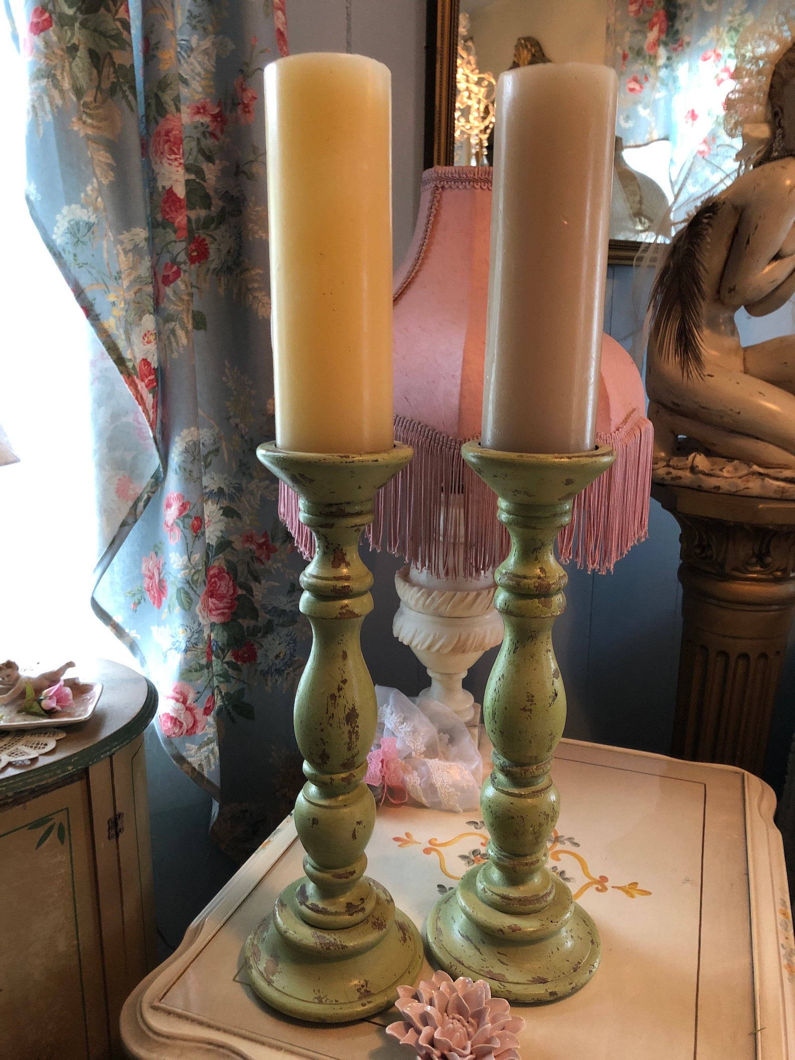 Set of Large Candlesticks Wooden Candle Holders Green - Etsy