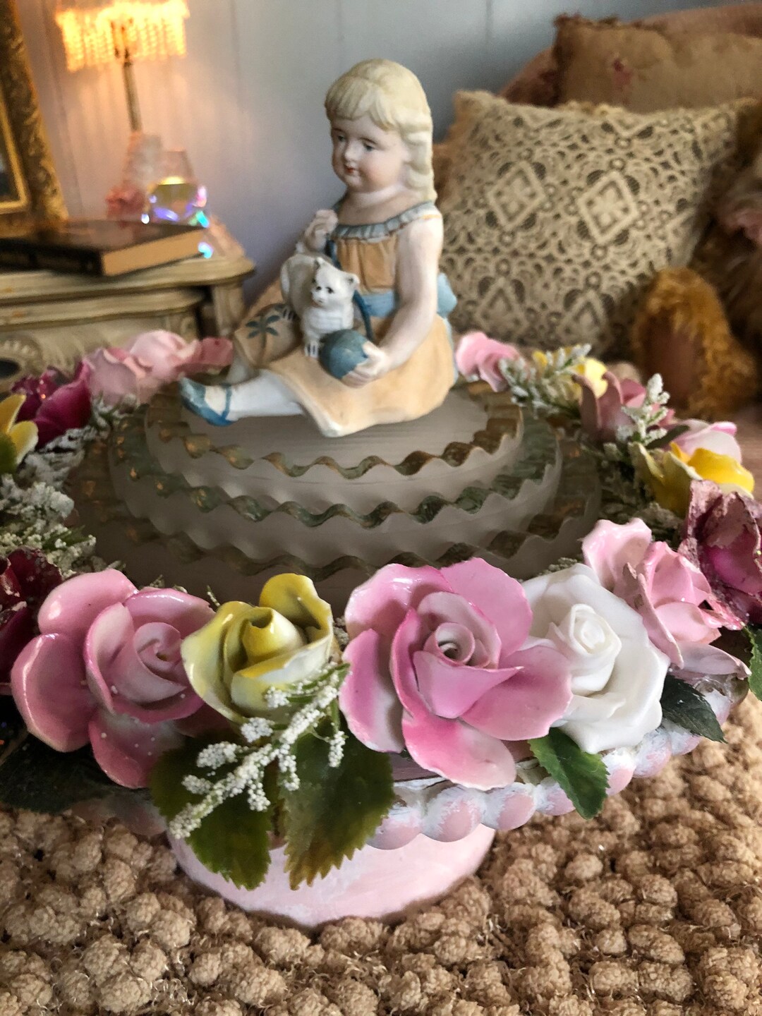 Porcelain Roses and Wood Stand With 3 Glass Risers and Antique - Etsy