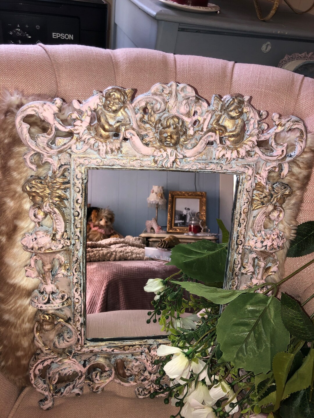 Sale....cast Iron Cherub Mirror, Wall Cherub Mirror, Ornate Mirror, Urn ...