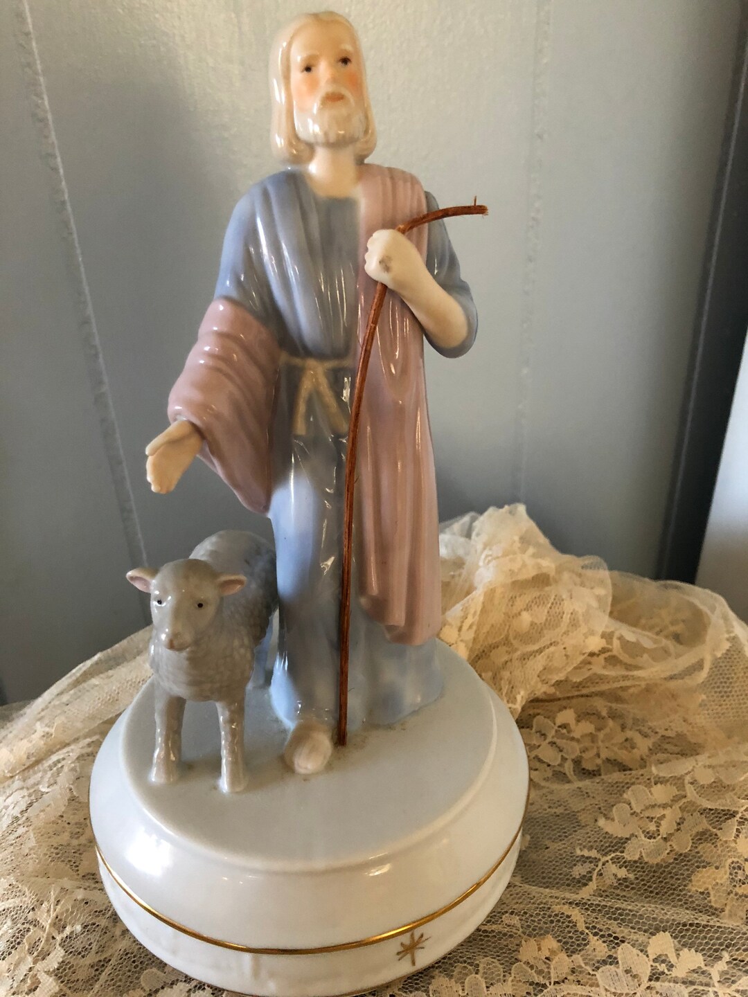Lladro Style Jesus With Lamb Music Box, Vintage Music Box - Etsy