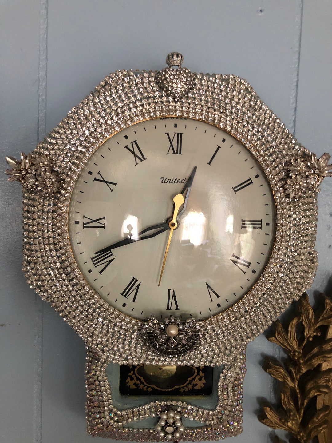 Sale.....rhinestone Clock With Moving Pendulum, One of a Kind Wall ...
