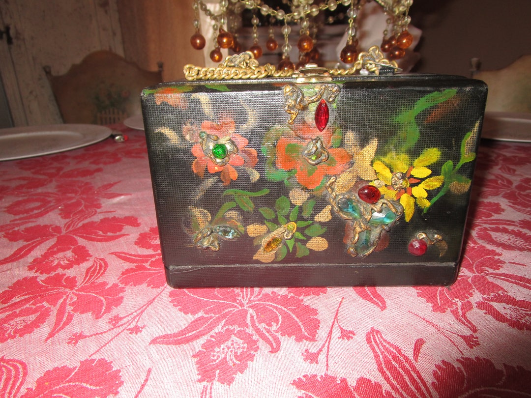 Vintage Wooden Hand Painted Pocketbook, Jeweled Pocketbook, Mirrored ...